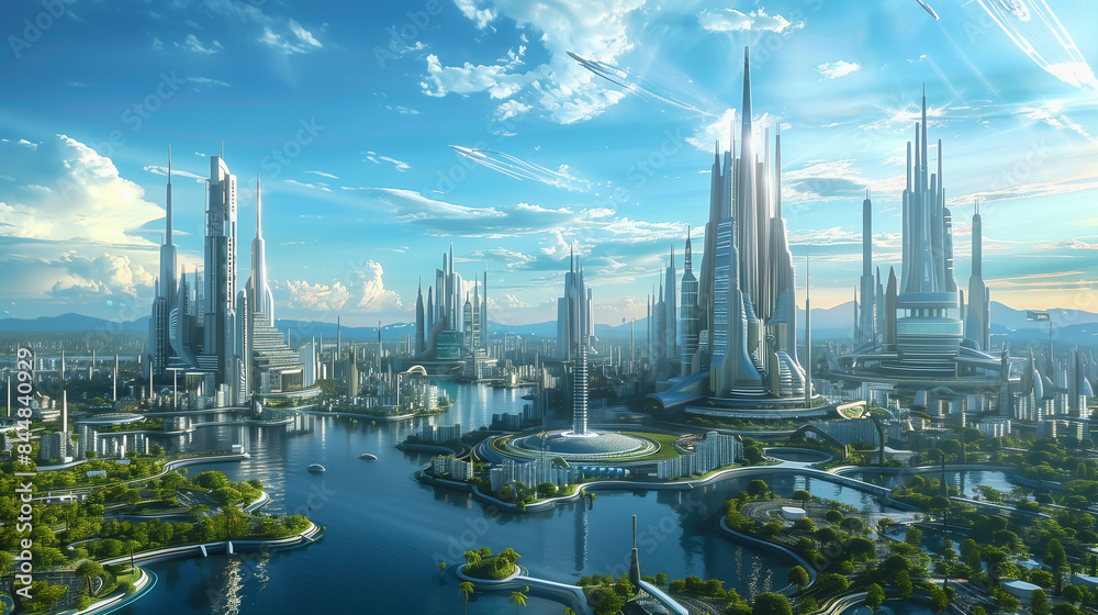 Sustainable Futuristic Seashore City Architecture. Biotech Green Design ...