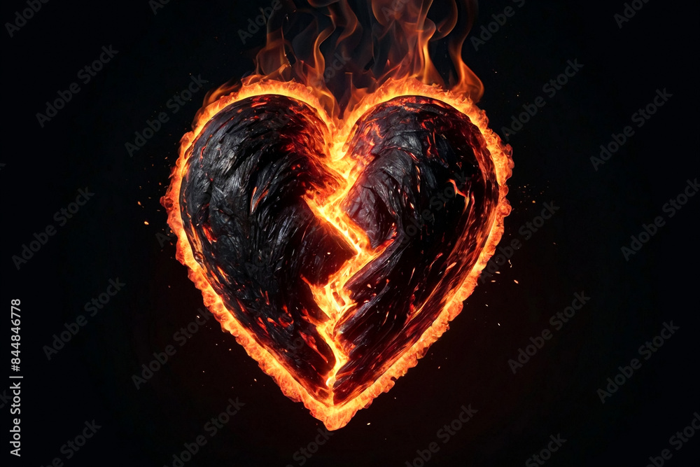 Illustration of fire heart shaped on black background, 3d render banner ...