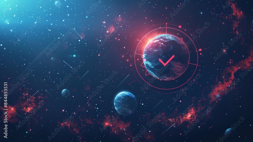 A glowing red and blue check mark is placed on a planet in space. The ...