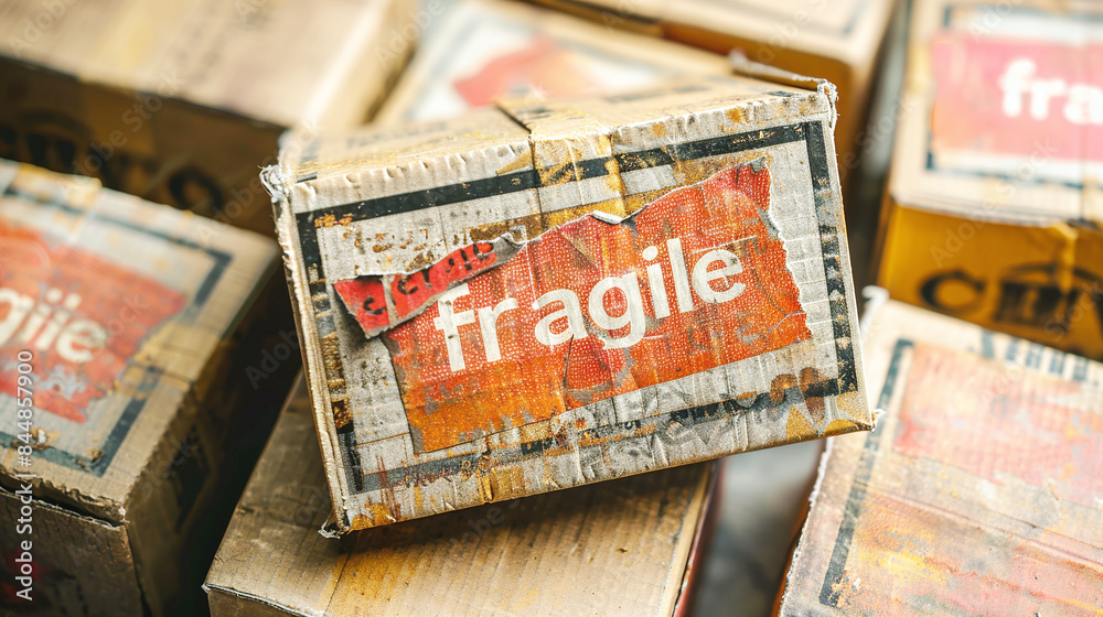 Weathered Cardboard Box with Red Fragile Label in Rustic Warehouse ...