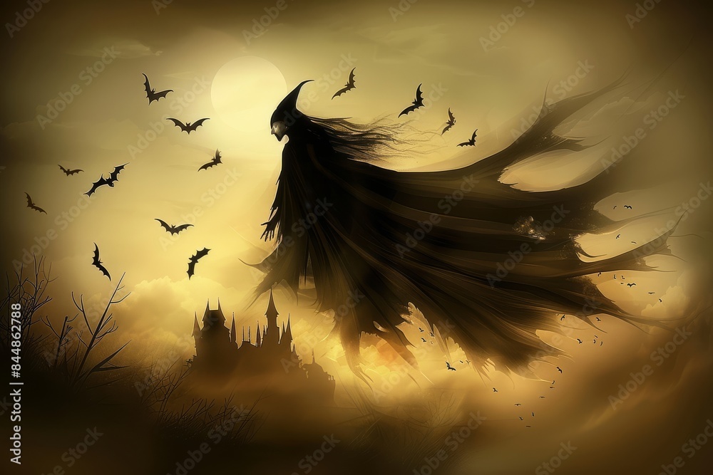 A detailed illustration of a spooky vampire with large ears standing in ...