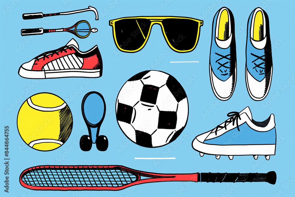 An illustration of various sports equipment including tennis rackets, a ...