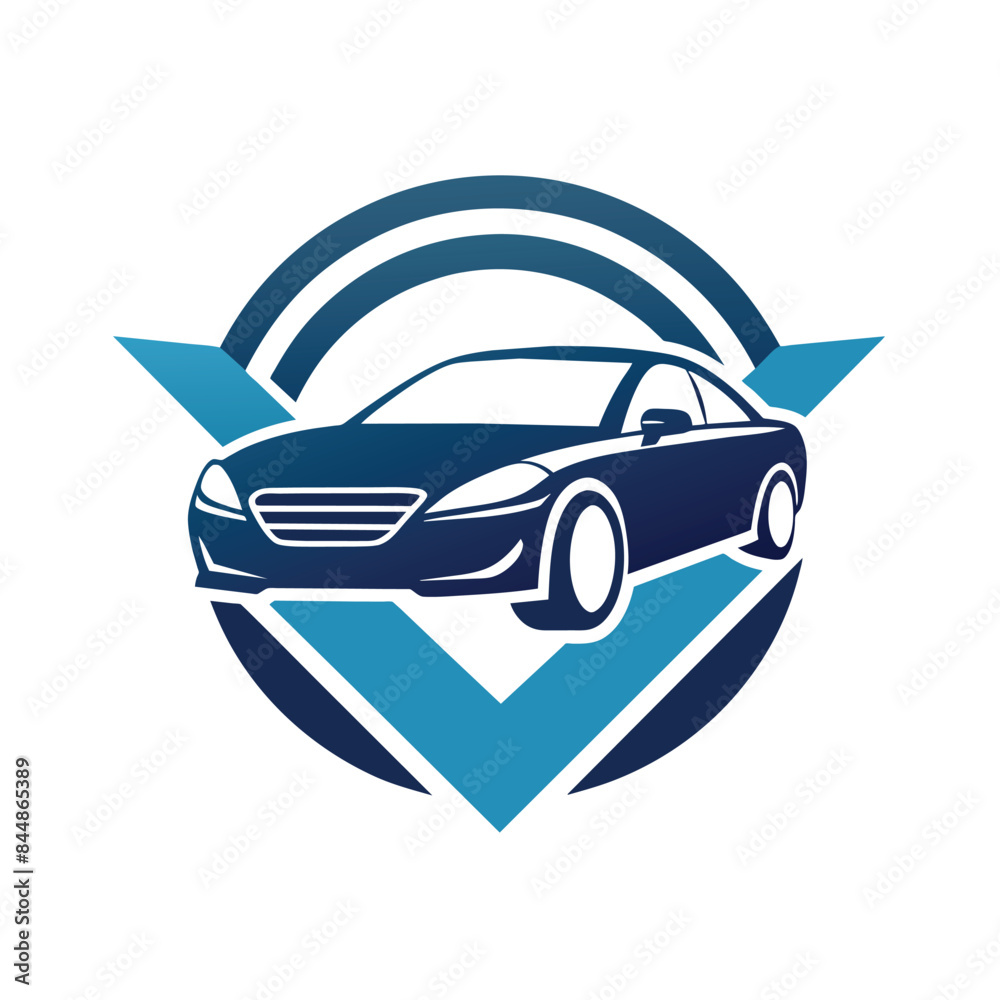 A blue car logo featuring a check mark and circle on a white background ...