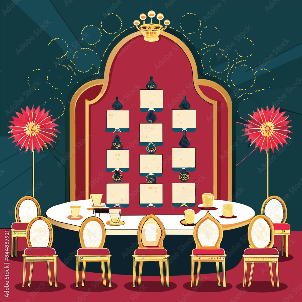 A seating chart designed for a formal event, featuring a red backdrop ...