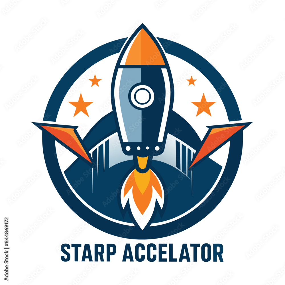 A logo design for a startup accelerator featuring a rocket, stars, and ...