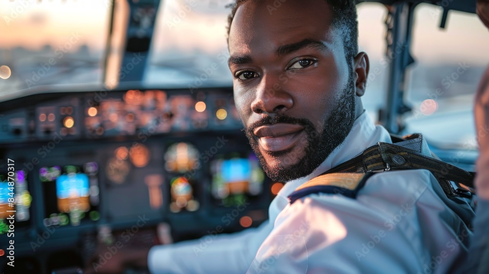 African American male pilot in an airplane cockpit. Concept of aviation ...