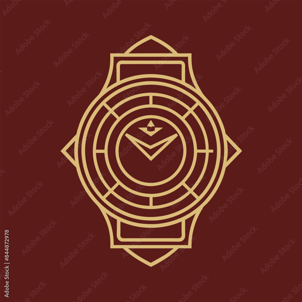 A gold outline logo design for a luxury watch, with a circular face and ...