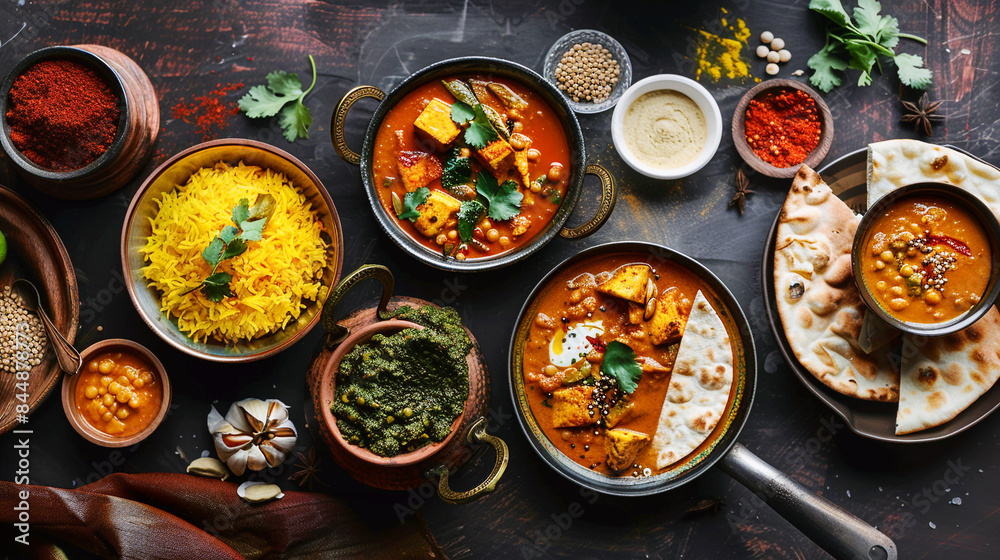 Top view of indian main course like shahi paneer roti dal with yellow ...