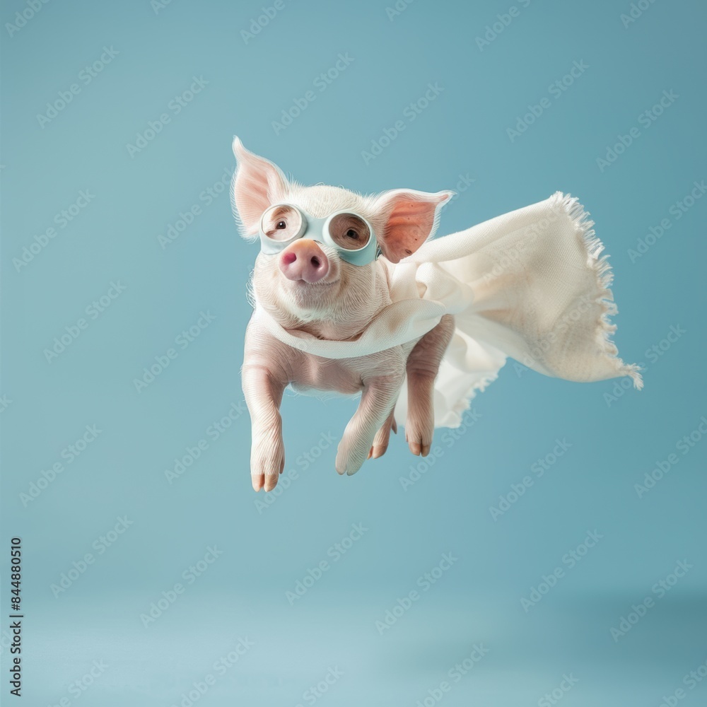 When pigs fly, isolated piglet with pink cape cloak against a blue ...