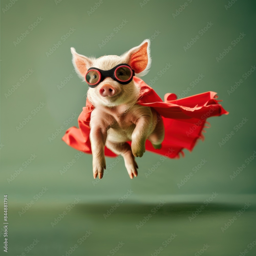 When pigs fly, isolated piglet with a cape cloak against a green ...