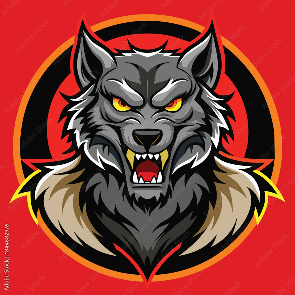 A digital illustration depicting a fierce grey werewolf mascot logo ...