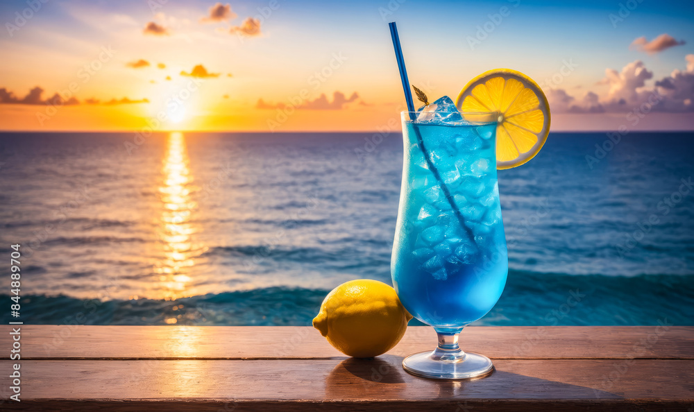 Blue lagoon beach cocktail. sea view and tropical sandy beach, sunset ...