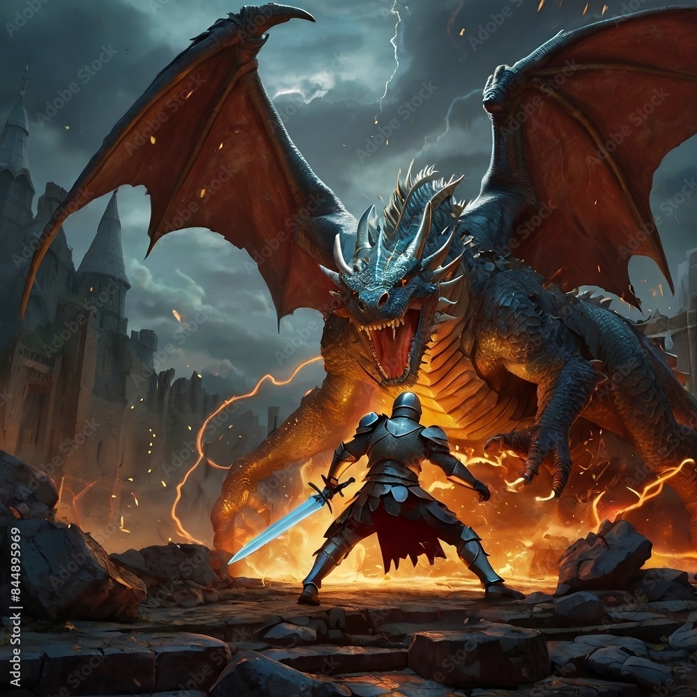 Visualize a dramatic battle scene featuring a knight fighting a dragon ...
