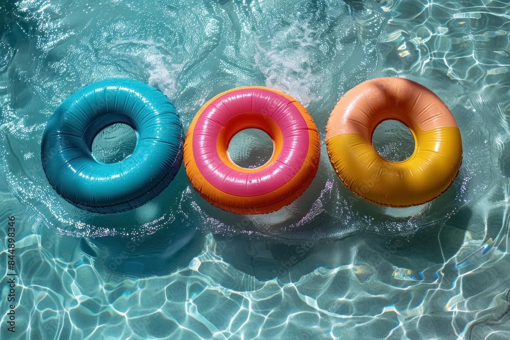 Top view of three colorful inflatable floating circles on the crystal ...