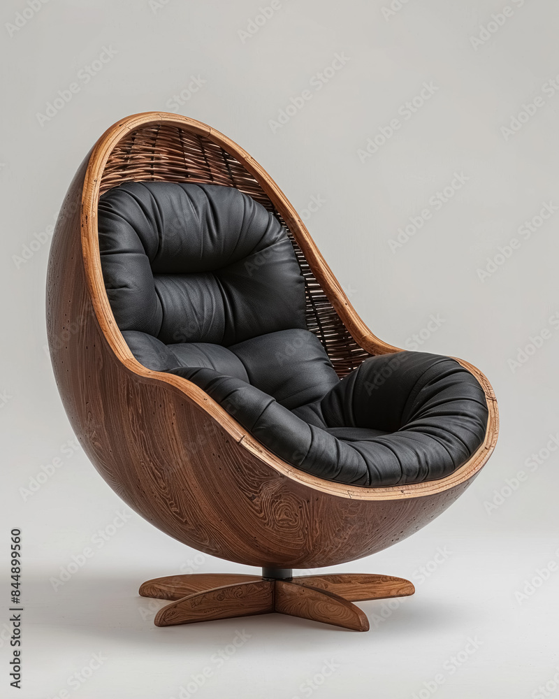 Empty, rotating, wooden egg chair with soft black seat of smooth ...