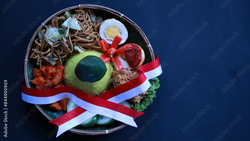 Tumpeng Merah Putih, yellow cone shaped rice with red and white flag ...