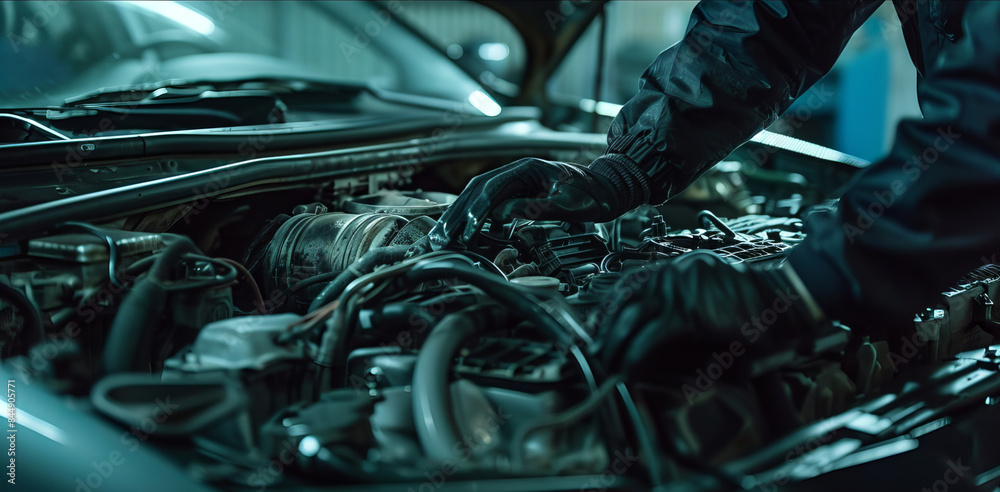 Mechanic examines the engine and under the hood of an unidentifiable ...