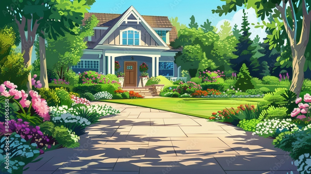 Landscaping design flat design front view garden layout cartoon drawing ...