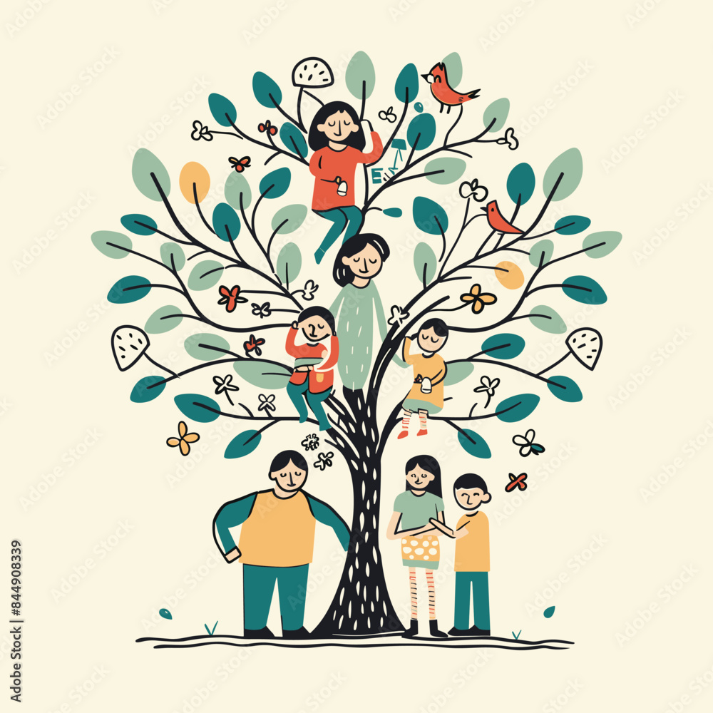 Family tree illustration multiple generations. Cartoon people various ...