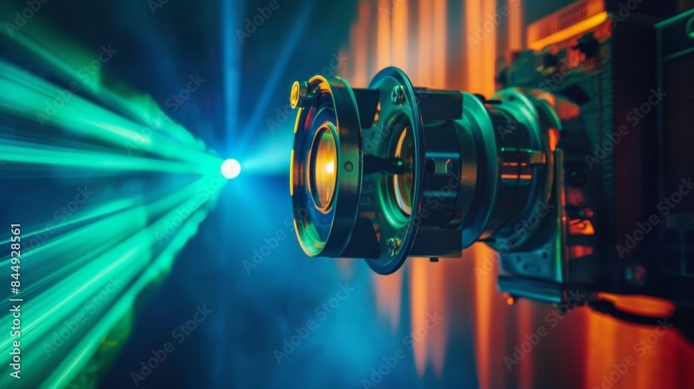 Blurred beams of neon green and blue radiating from a retro film ...