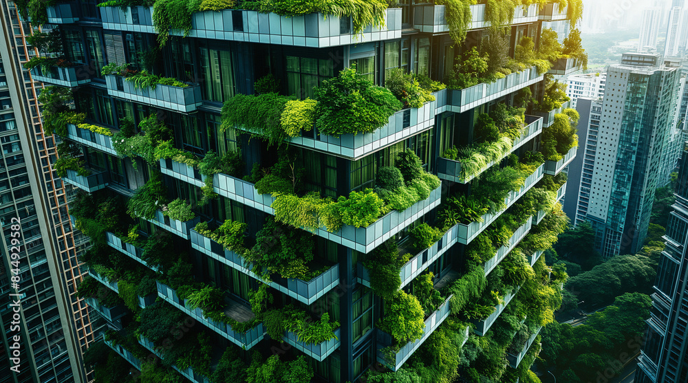 A sustainable building in the city with greenery on the balconies ...