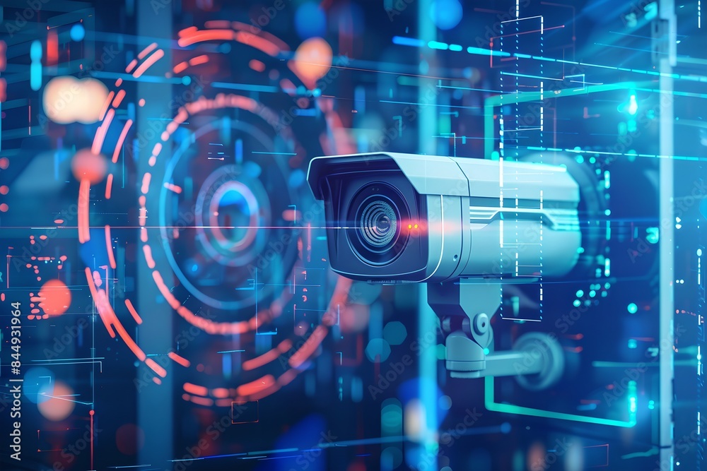 CCTV camera with futuristic digital interface background. Advanced ...
