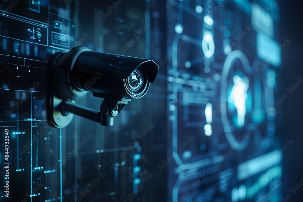 CCTV camera against a digital interface backdrop. Surveillance and ...