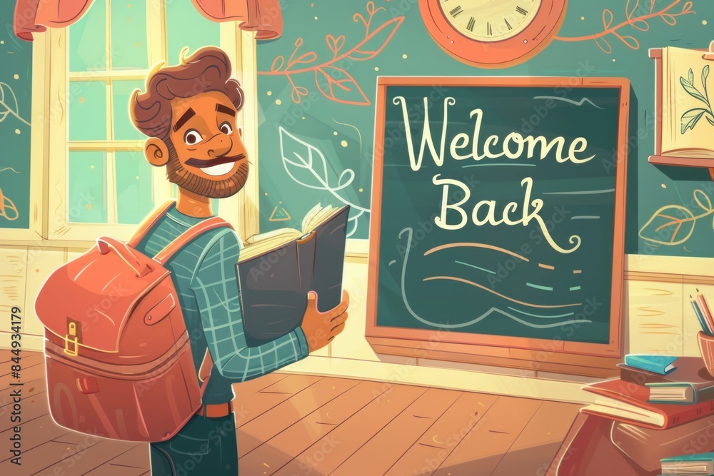 Smiling male teacher holding book in classroom with chalkboard that ...