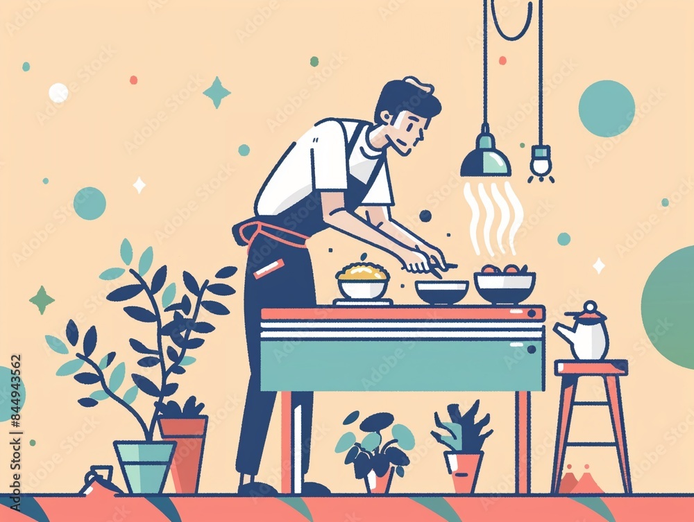 Waiter setting table flat design side view table prep cartoon drawing ...