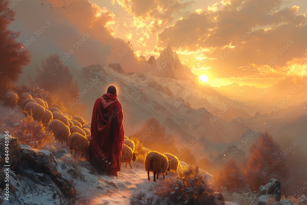 Jesus Christ Shepherd with Flock at Sunrise: Biblical Scene AI ...