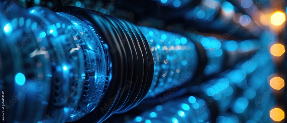 Blue and black cables being stacked on a tall row of wires, in the ...