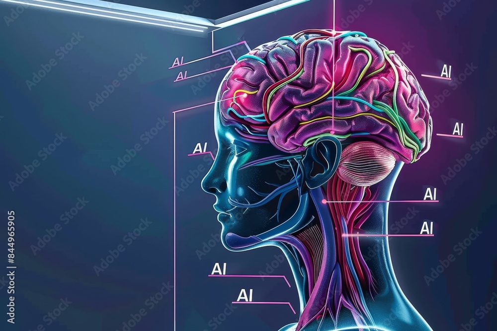 AI brain with glowing neural pathways and digital connections ...
