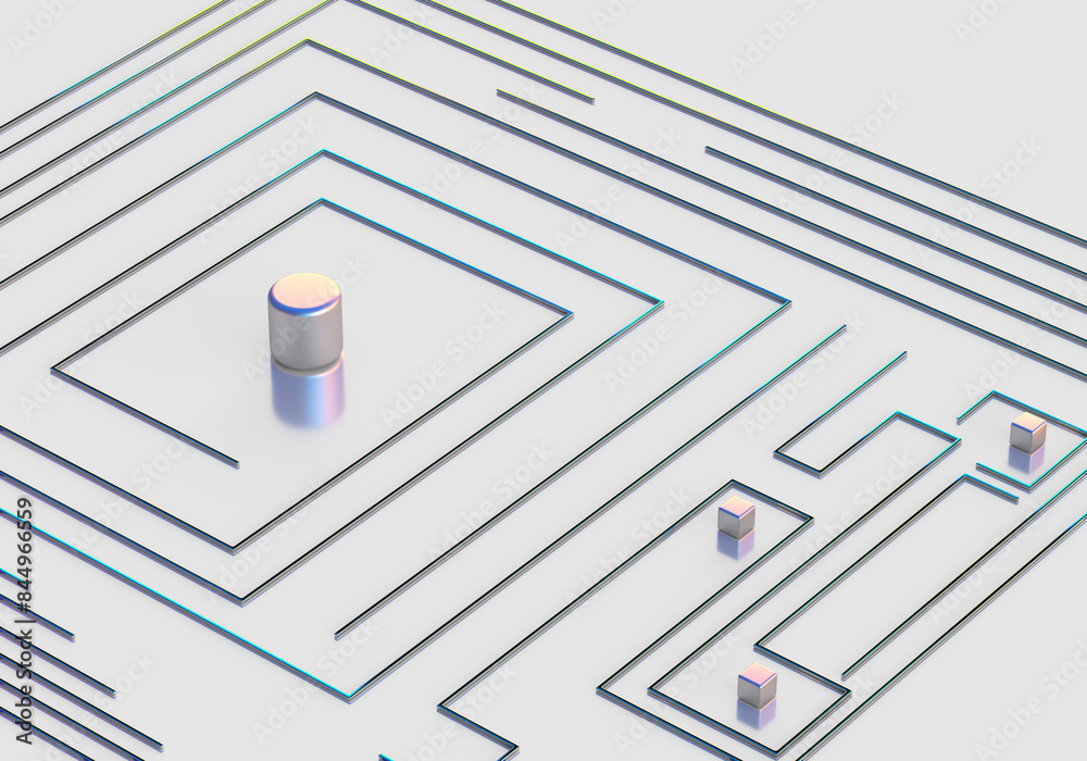 An abstract pattern of lines, a maze. There are shapes of cubes and ...