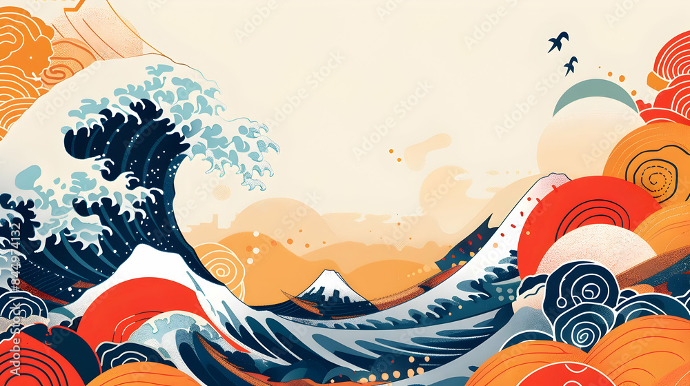 A Japanese handdrawn wave background with Asian traditional icons. A ...