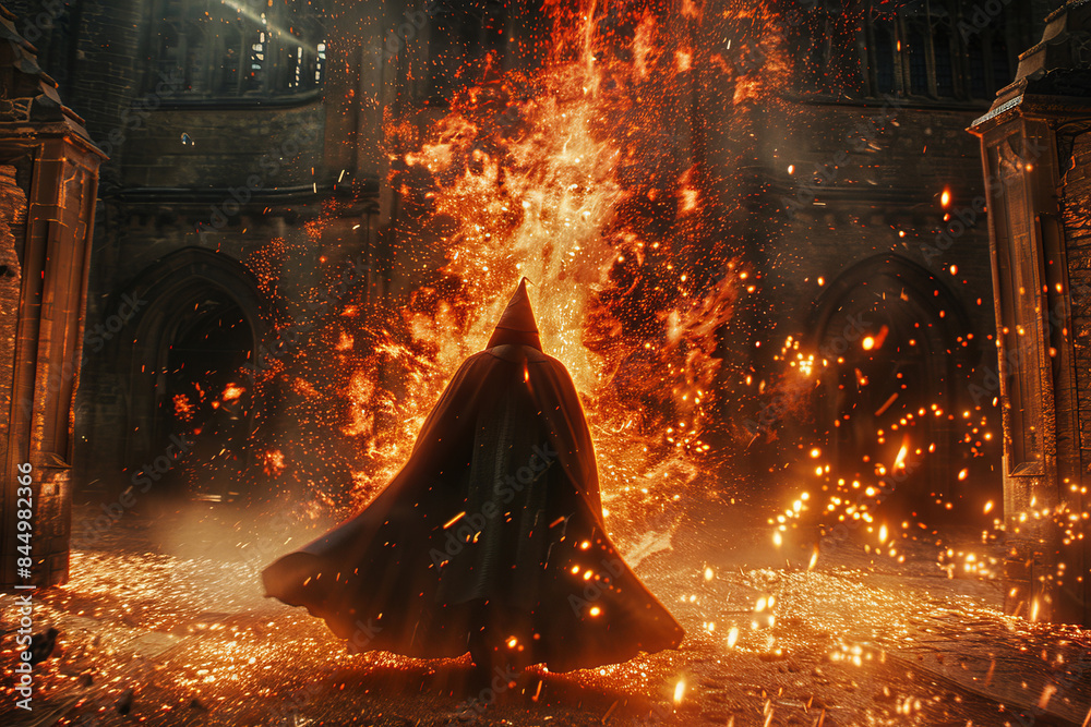 Mysterious cloaked figure engulfed in flames, standing amidst a fiery ...