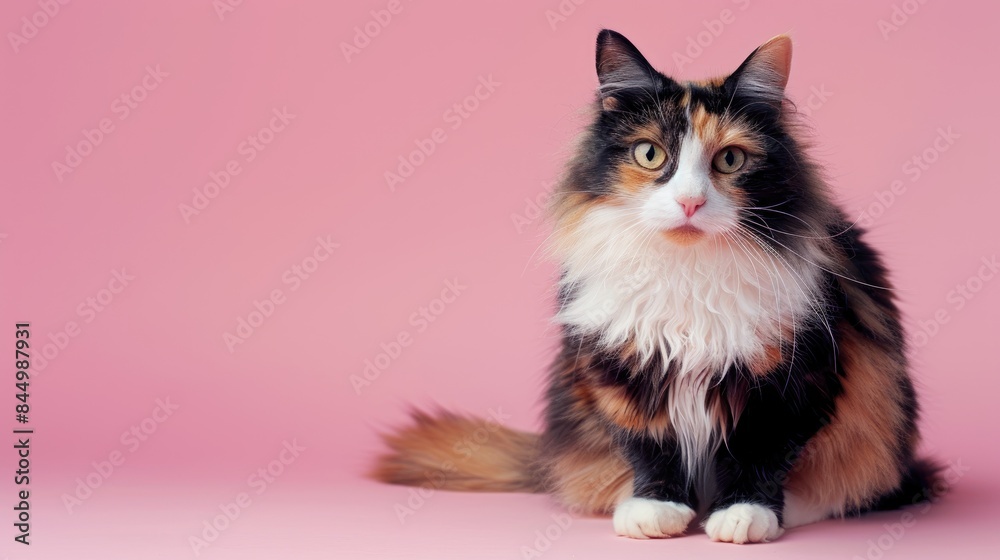 Female calico or torbie cat with long hair on pink background ...