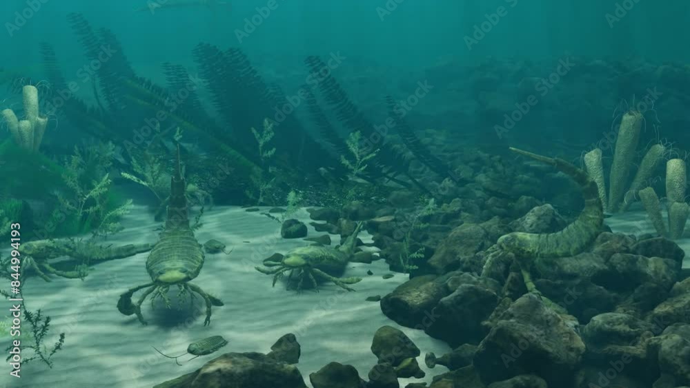 A 3D animation of extinct sea scorpions Eurypterus and Trilobites on a ...