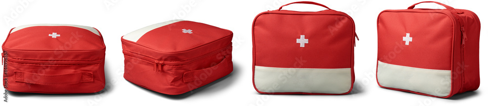 red first aid kit bags in different angles isolated white background ...