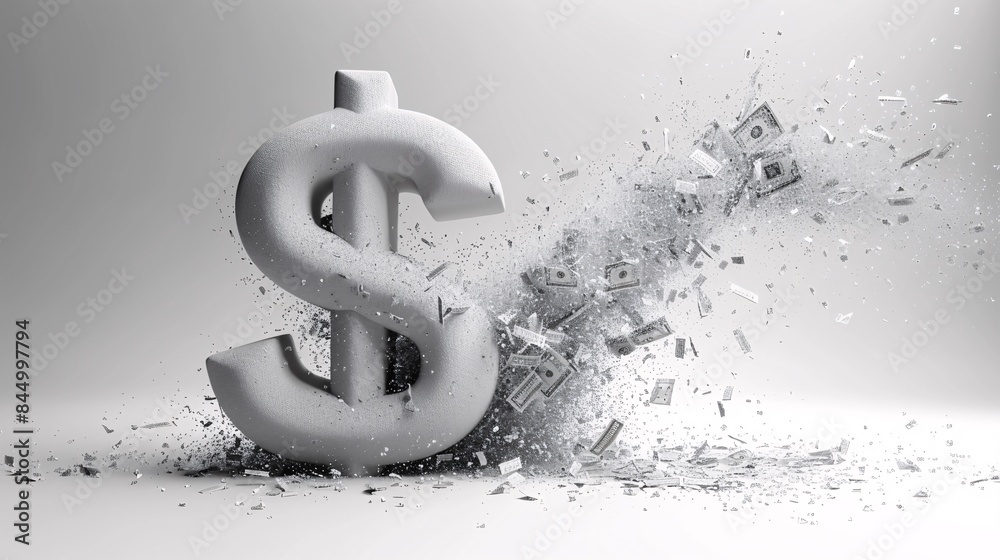3D illustration of a white dollar sign breaking into pieces, on a solid ...