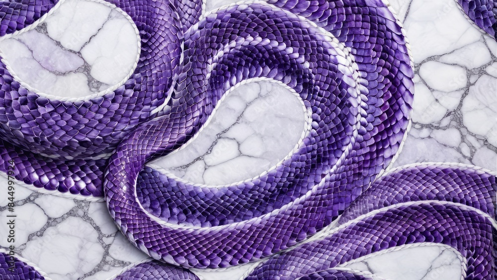 Background of delicate scales and serpentine body patterns on a purple ...
