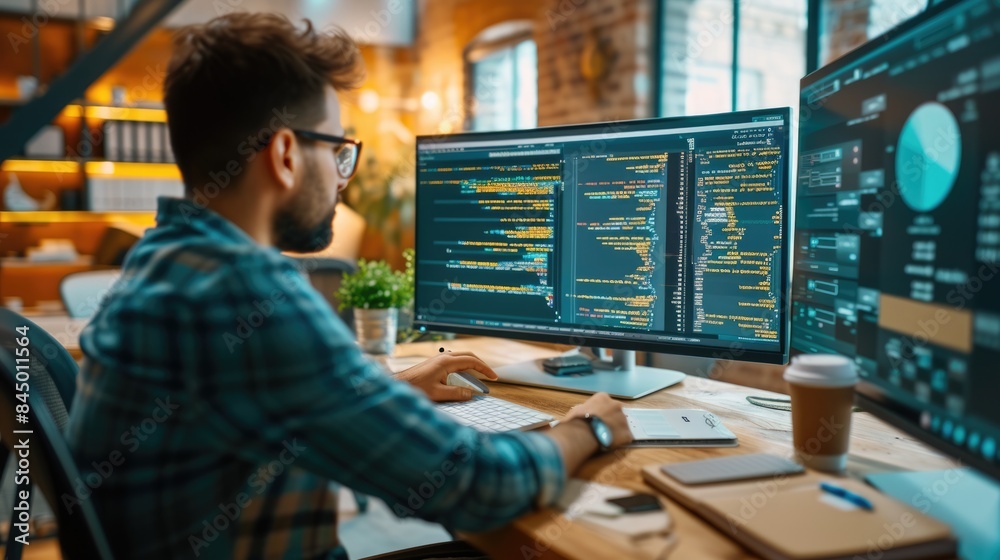 A focused software developer codes on a dual monitor setup in a modern ...