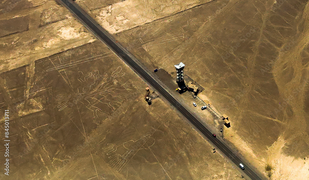 Aerial shot of the Nazca Lines in Nazca, Peru. The lines were created ...