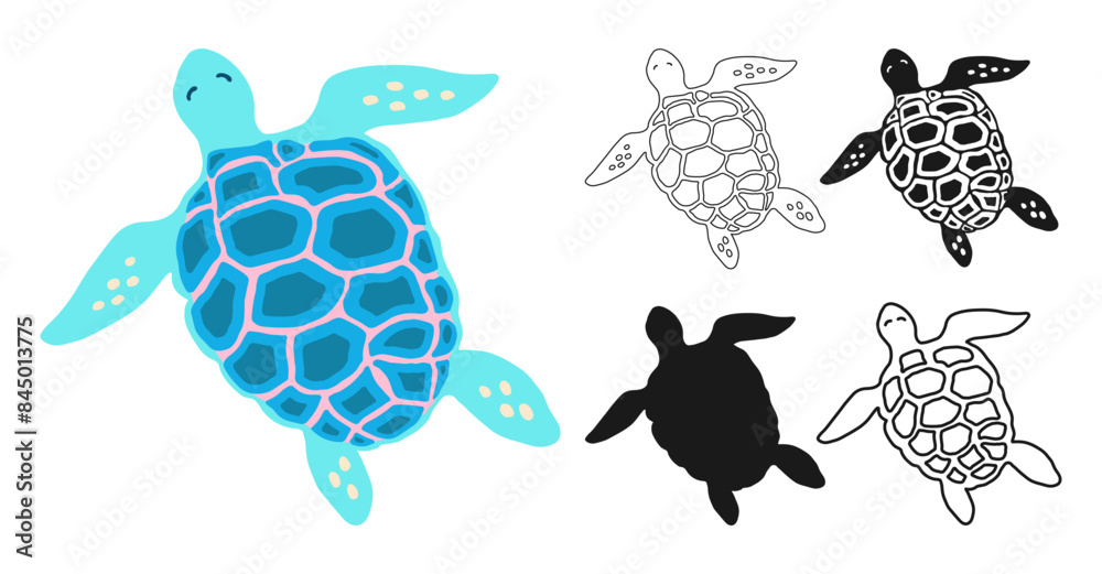 Sea turtle cartoon sign set. Ocean tortoise swimming animal funny kids ...