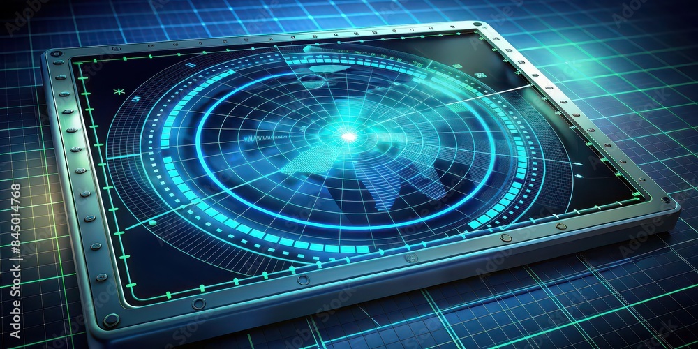 Submarine radar navigation screen with futuristic digital interface ...