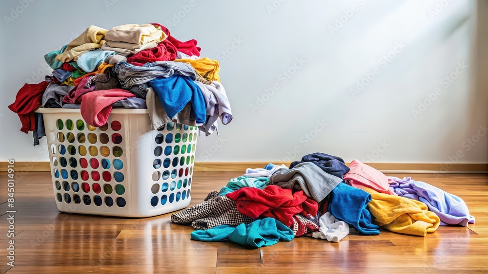 Piles of messy clothes on the floor beside a laundry basket , messy ...
