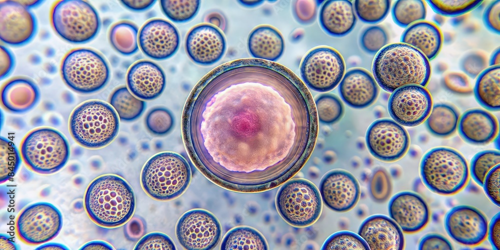 Close-up of yeast cell under a microscope with gram stain technique ...