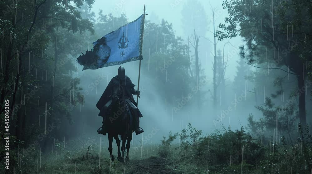 Medieval knight holding a majestic blue flag amidst the enchanting ...