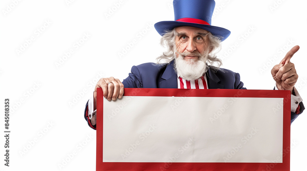 Uncle Sam on white background holding a blank placard with copy space ...