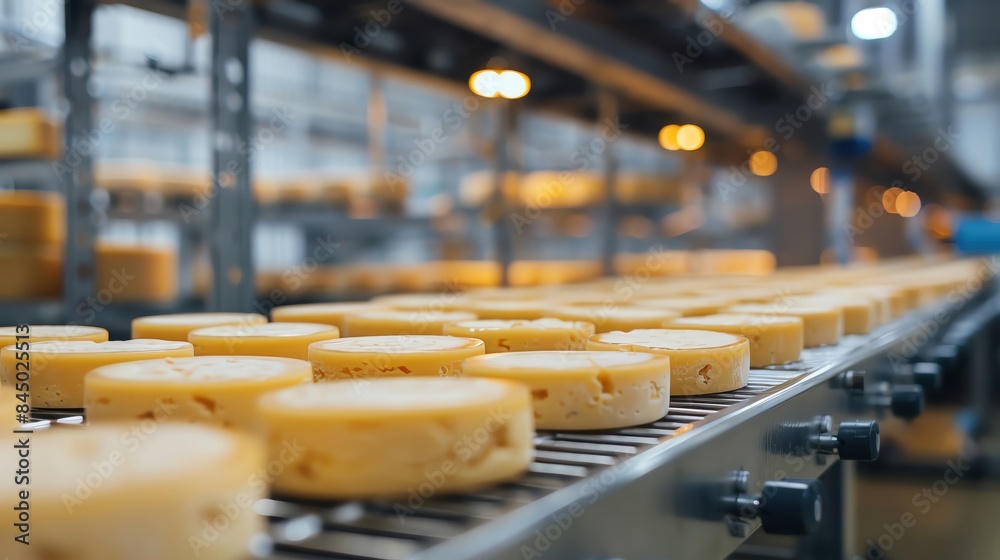 Rows of cheese wheels aging in a controlled room, modern dairy factory ...