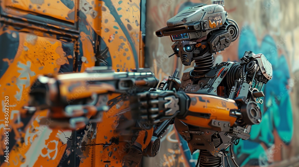 a machine war robot pointing a gun while taking cover , graffiti wall ...